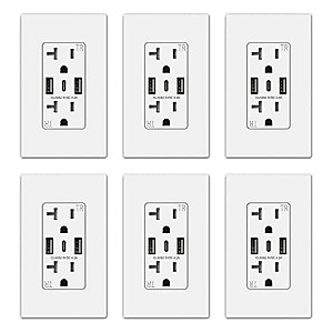 ELEGRP USB Wall Outlets, 3-Ports USB C Wall Outlets Receptacles, Matte White 20 Amp Outlets with USB Ports, TR Tamper-Resistant USB Outlets, Screwless Wall Plate Included, UL & CUL Listed, 6 Pack