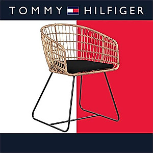 Tommy Hilfiger Graham Rattan Dining Chair, Woven Wicker Armchair with Seat Cushion Black Durable Metal Legs, Boho Modern Accent Lounge Furniture, Natural