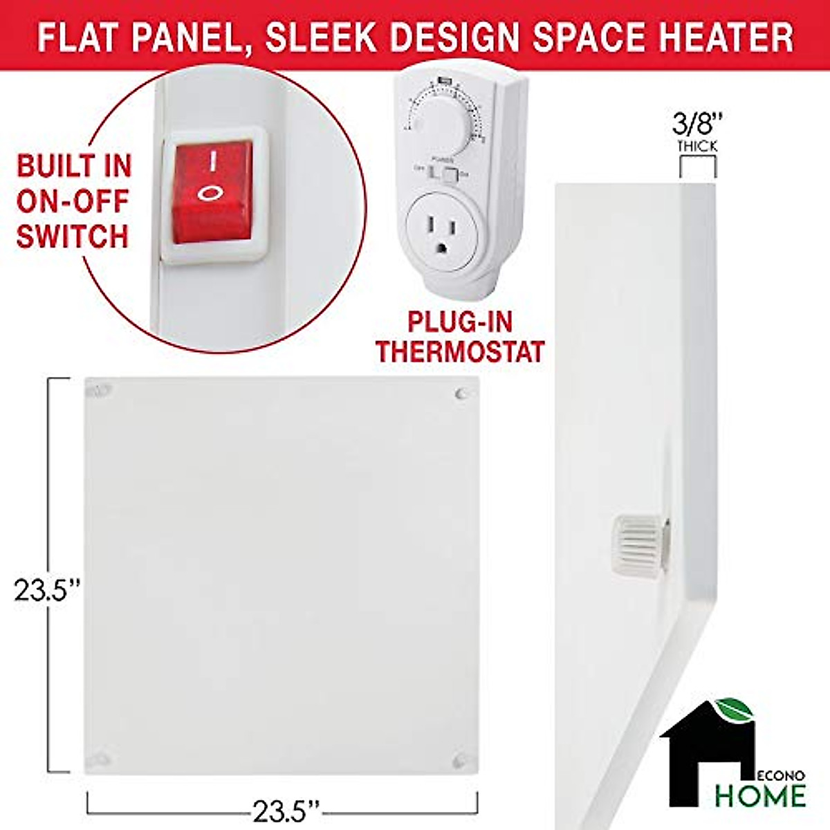EconoHome Wall Mount Space Heater Panel - with Thermostat - 400 Watt Convection Heater - Ideal for 120 Sq Ft Room - 120V Electric Heater