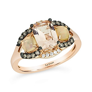 LE VIAN 1/6 Carat Diamond, Morganite and Opal Split Shank Ring for Women in 14k Rose Gold (Fancy Brown/G-H, VS2-SI2, cttw) Triple Stone Promise Anniversary Ring Size 7