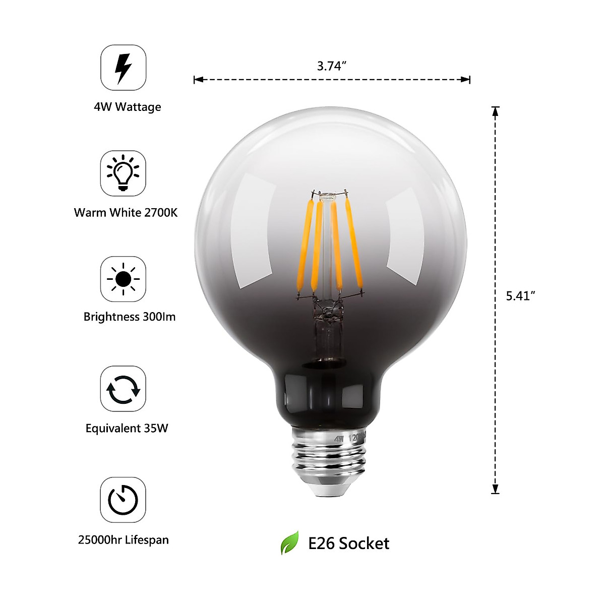 ONEWISH LED Light Bulb, G95 LED Globe Bulbs, Warm White 300LM 2700K 4W, 35W Equivalent, E26 Standard Base,LED Edison Light Bulb for Home Decor,1 Pack