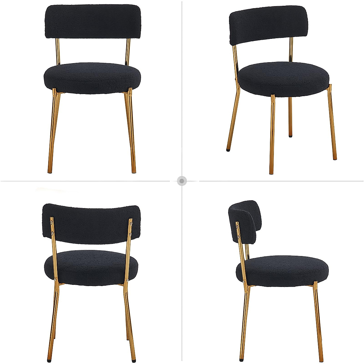 RIGHTPARTS Boucle Dining Chairs Set of 4, Modern Upholstered Fleece Fabric Kitchen Chairs, Mid-Century Round Dining Chairs Curved Backrest Metal Legs for Dining Room/Living Room (Black 1, 4)