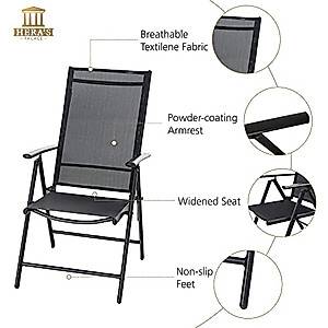 HERA'S PALACE Patio Dining Chair Foldable and Portable, Outdoor Folding Chairs with Armrest, Reclining High Back Sling Dining Chairs for Garden, Poolside, Backyard (2pcs, Black)