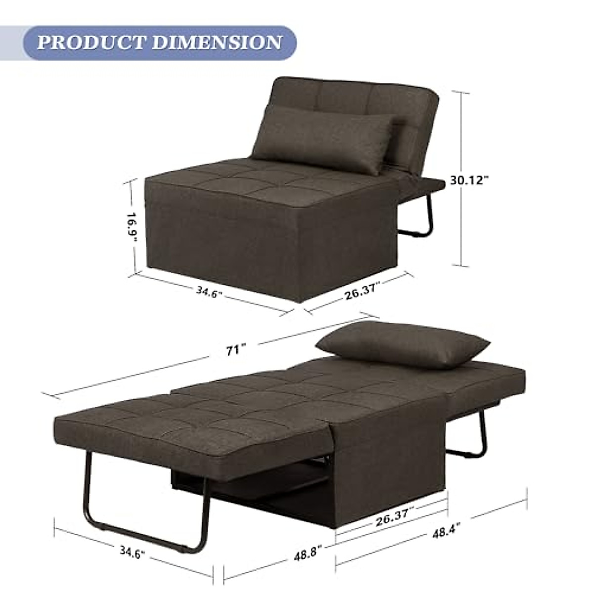 Saemoza Sofa Bed, 4 in 1 Multi Function Folding Ottoman Sleeper Bed, Modern Convertible Chair Adjustable Backrest Sleeper Couch Bed for Living Room/Small Apartment, Dark Brown