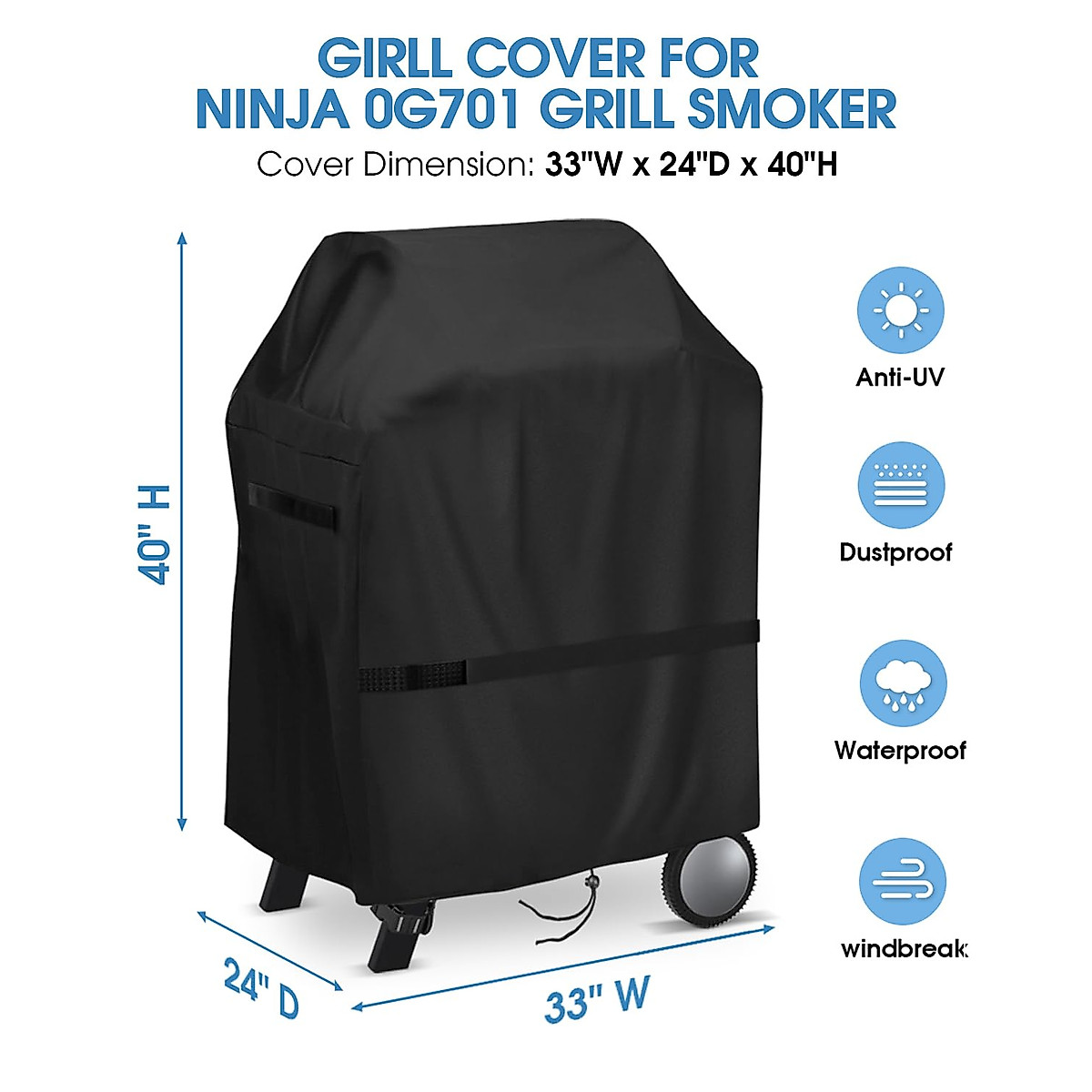 Rilime Grill Cover for Ninja Woodfire Outdoor Grills and Stand,Water-Resistant Outdoor Wood fire Cover for Ninja OG701 Grill Smoker (Cover Only)