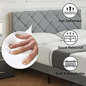 AsKmore Queen Size Bed Frame,Velvet Upholstered Platform with Headboard and Strong Wooden Slats,Non-Slip and Noise-Free,No Box Spring Needed, Easy Assembly,Light Grey
