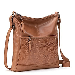 The Sak Womens Iris Crossbody in Leather Casual Purse With Adjustable Strap Zipper Pockets, Tobacco Floral Embossed, One Size US