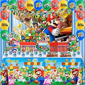 104 PCS Marrio Birthday Party Supplies, Cute Marrio Birthday Party Decorations with Marrio Birthday Plates, Birthday Banner, Balloons, Knives, Forks, Spoons, Napkins, Backdrop, Tablecloth, Cake Topper