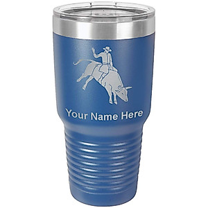 LaserGram 30oz Vacuum Insulated Tumbler Mug, Bull Rider Cowboy, Personalized Engraving Included (Dark Blue)