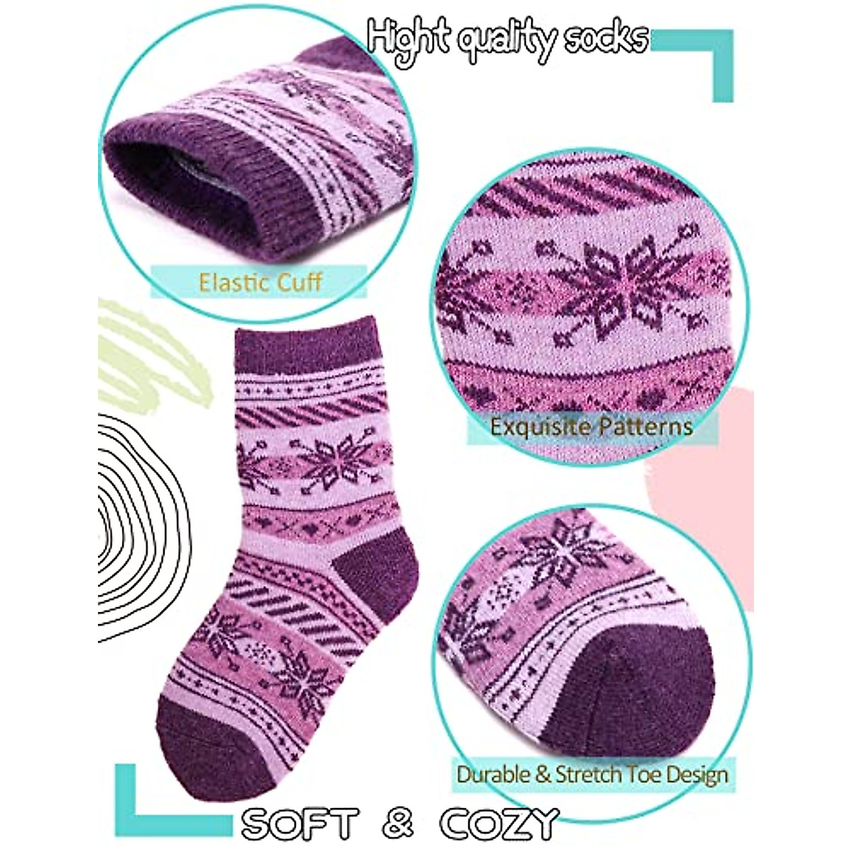EBMORE Kids Wool Socks for Boys Toddlers Girls Warm Winter Hiking Thick Cozy Thermal Boot Heavy Crew Christmas Gifts for Kids Stocking Stuffer Snow Soft Child Socks 6 Pairs (Snowflake,4-7 Y)