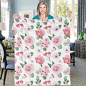 Floral Throw Blanket, Pink Rose Floral Throw Blanket, Soft Cozy Flannel Flower Blankets, Fluffy Fuzzy Rosebuds Wildflowers Print Blankets for Girls Women Gifts Home Sofa Couch Bed Decor, 50x60 Inch
