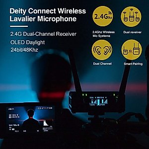 Deity Connect 2.4G Wireless Lavalier Microphone, Dual-Channel Receiver & Two Transmitters, OLED Daylight Display Screen, 24bit/48Khz Uncompressed Audio