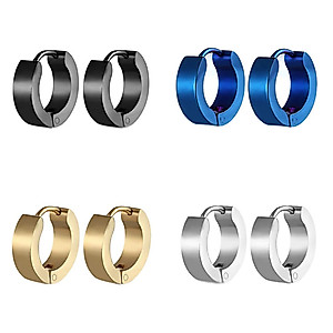 HIJONES Men's Women's Stainless Steel Small Hoop Huggie Hinged Earrings Ear Stud Piercings Black