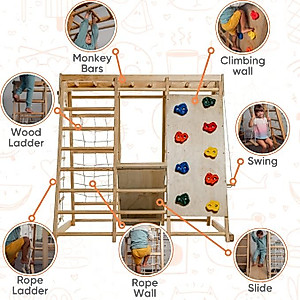 Avenlur Magnolia Indoor Playground 6-in-1 Jungle Gym Montessori Waldorf Style Wooden Climber Playset Slide, Rock Climbing Wall, Rope Wall Climber, Monkey Bars, Swing for Toddlers, Children Kids 2-6yrs