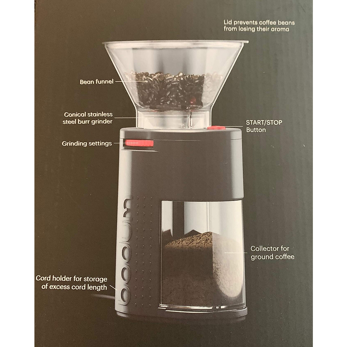 Bodum Bistro Standard Conical Burr Electric Coffee Grinder, 12 Inches, Black