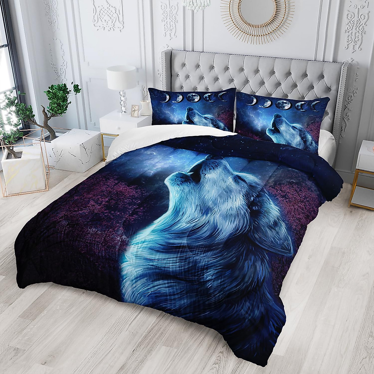 XYNHML Wolf Comforter Set Galaxy Night Moon Bedding Set 3Pcs Howling Wolf Down Lunar Eclipse Bed Set for Kids Teens Room Decor Wild Animals Comforter with 2 Pillowcases