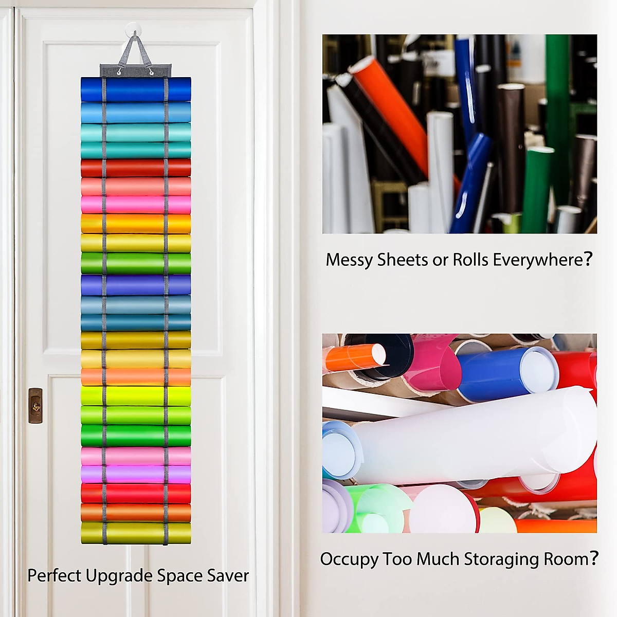 TUPARKA Vinyl Roll Holder Craft Vinyl Storage Rack with 2 Hook Craft Storage Organizer 48 Compartments Vinyl Organizers Holder for Door Closet Wall