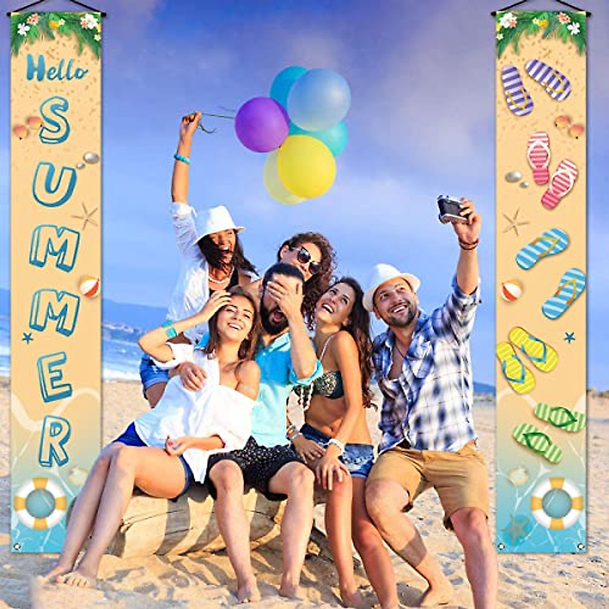 Hello Summer Porch Banner Flip Flops Beach Themed Seasonal Holiday Party Farmhouse Front Door Sign Wall Hanging Decoration