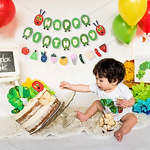Hungry Caterpillar Happy Birthday Banner - Caterpillar Themed Birthday Party Decorations,Hungry Caterpillar Birthday Fruit Garland,Caterpillar Cake Smash Party Decor,First Birthday Photo Props