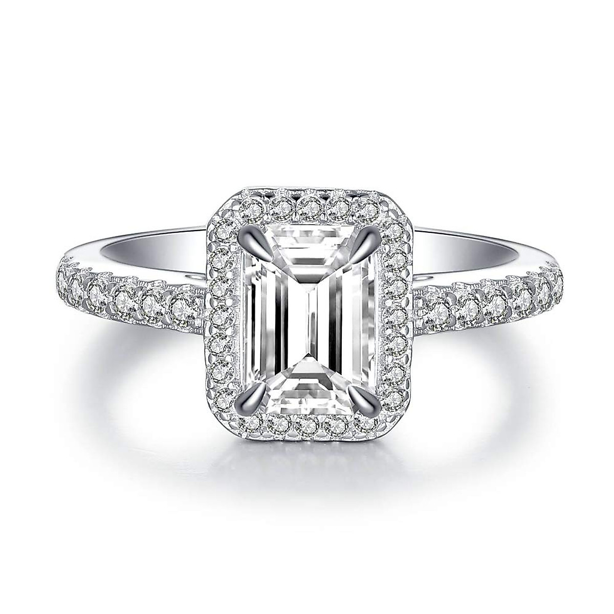 BeFab Silver 1.0 Ct (7x5mm) Emerald Cut Engagement Ring Accented Halo Wedding Ring Half Eternity Radiant Cut Anniversary Ring (Silver, 7)