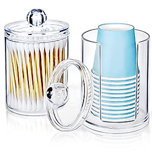 EOFJRUC Cup Dispenser for Bathroom 4 Pack, Qtip Holder for Cotton Ball Swab, Cotton Round Pads, Floss, Fit for 3-4 oz Cup for Bathroom Canister Storage Organization, Vanity Makeup Organizer-Clear…