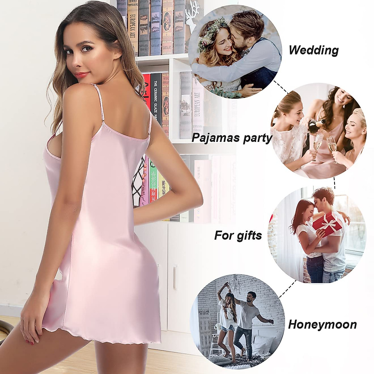 Litherday Women's 3 Pack Satin Nightgown Sexy Negligee Lingerie Dress Chemise Nightwear Spaghetti Strap Sleepwear