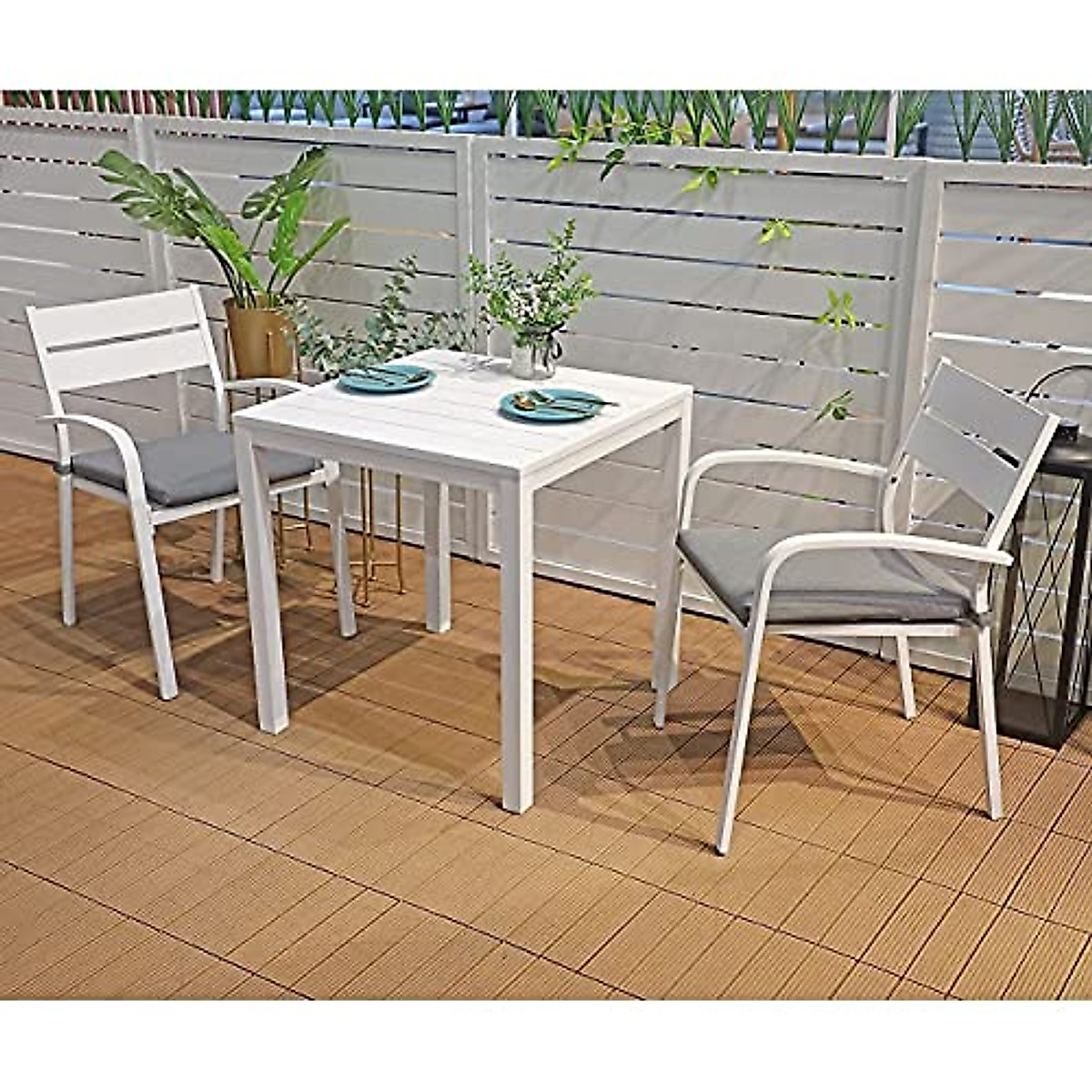Soleil Jardin 3-Piece Patio Bistro Set Aluminum Bistro Table Set Patio Chairs with Cushion Outdoor Dining Table Set, White Finish & Grey Cushion