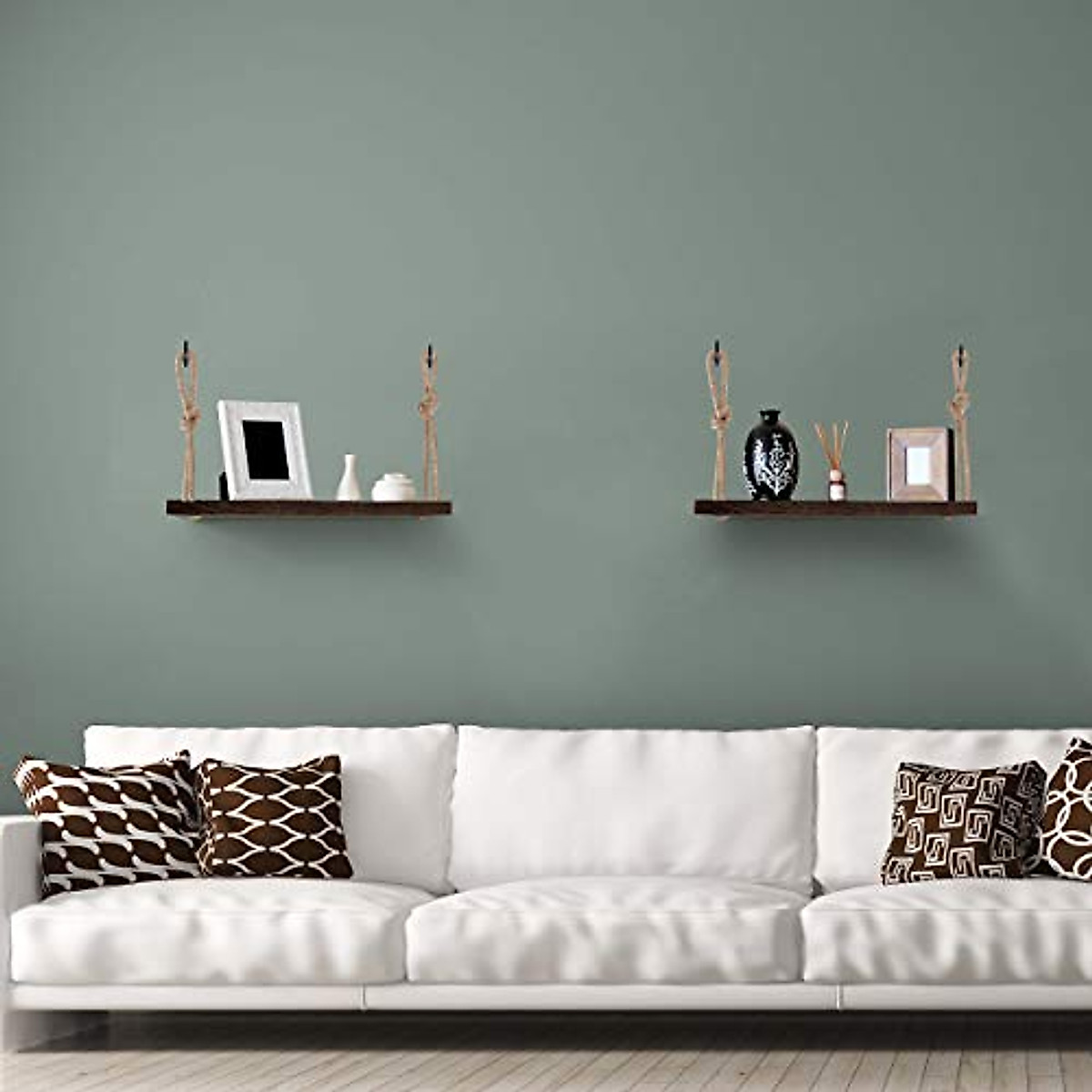 Yankario Rope Hanging Floating Shelves, Rustic Wood Wall Decor Swing Shelf with 4 Hooks, Pack of 2