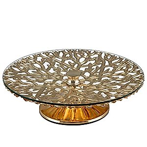 MDLUU Glass Cake Stand 11.6 inch, Cake Platter Pedestal, Dessert Server Display for Wedding, Party, Birthday(Metal Branches Pattern)