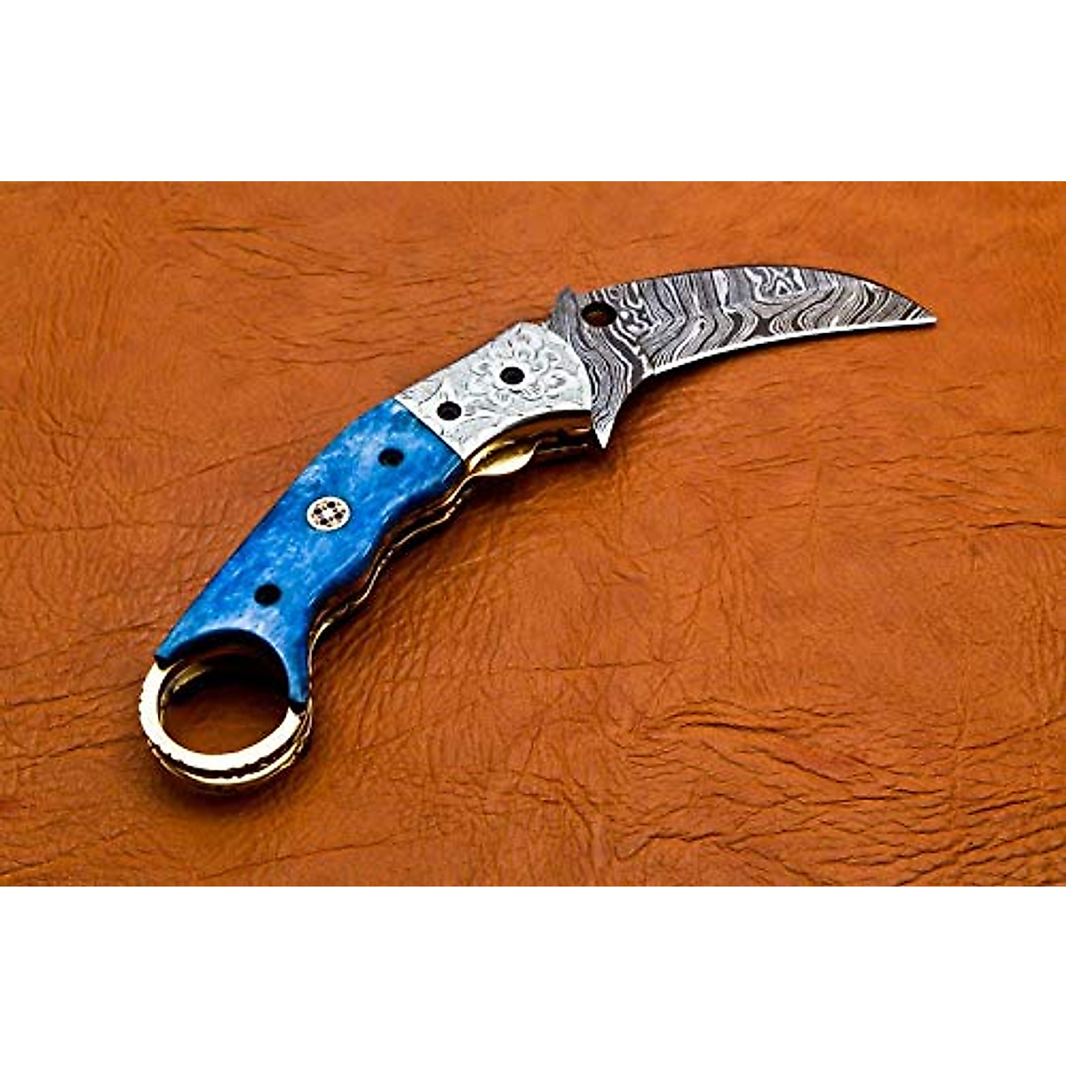 8.5" Handmade Damascus Folding Pocket Knife Karambit Knife Hunting Knife Handle Camel Bone Handmade Damascus Steel with Leather Sheath B50