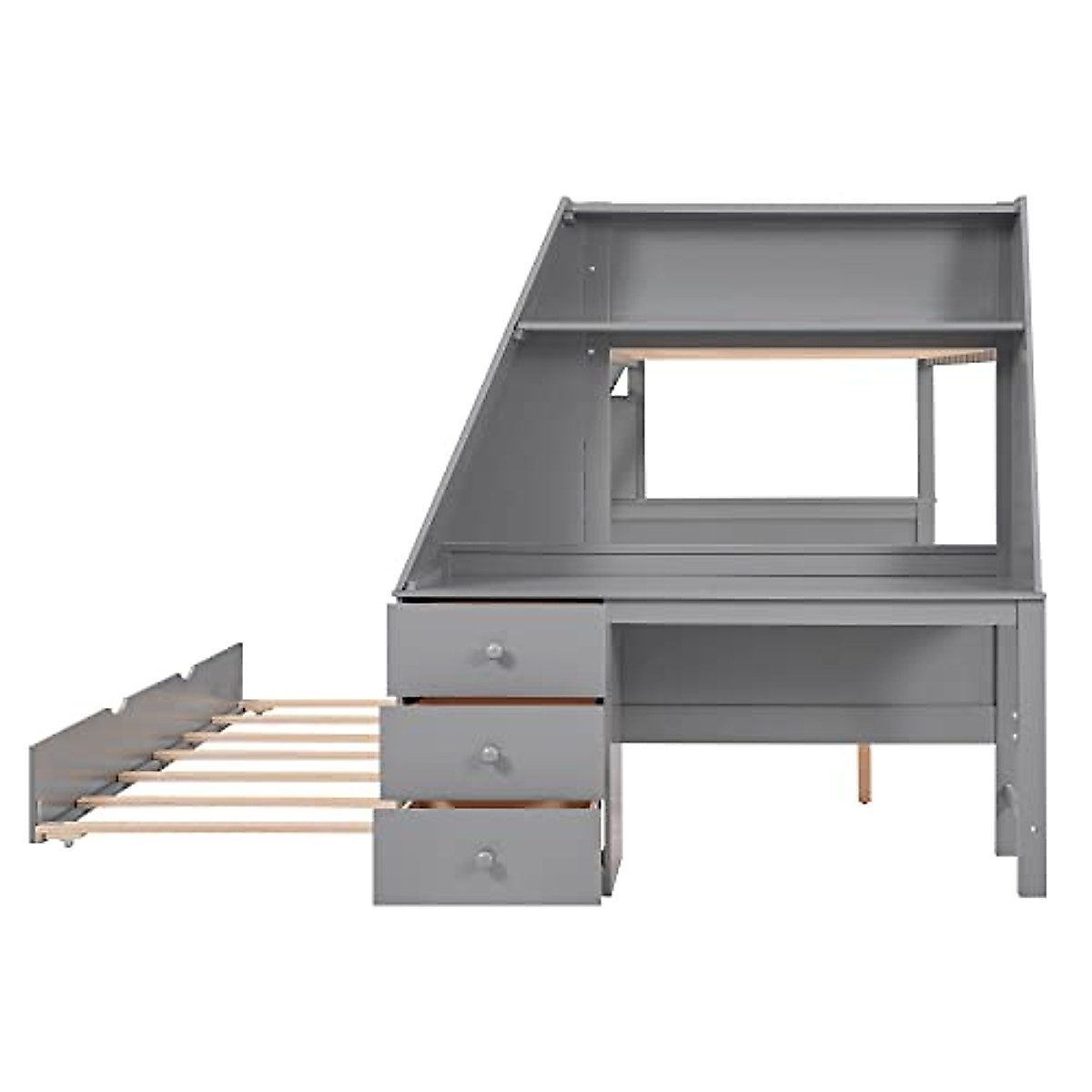 Twin Over Full Bunk Bed with Desk and Trundle, Wooden Bunk Beds Twin over Full Size with Storage Drawers and Shelf ,Storage Bunk Beds with Ladder & Guardrails for Kids Girls Boys ,Grey