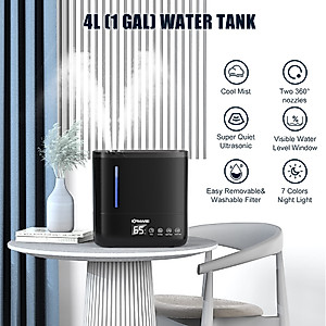 Humidifiers for Bedroom, 4L Cool Mist Humidifiers with Essential Oil Diffusers & Nightlight, Ultrasonic Top Fill Air Humidifier Auto Shut for Baby Room, Home, Plants, Women Mom Gifts Idea (Black)