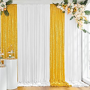 10x10 ft White Backdrop Curtains and 10x4 ft Gold Sequin Backdrop Curtains for Parties, Wrinkle Free Backdrop Drapes for Wedding Birthday Party Photography Background, 4 Panels