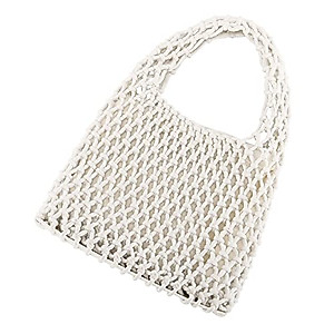 Ayliss Women Mini Clutch Handbag Tote Cotton Crochet Bucket Top-handle Drawstring Beach Woven Fishing Net Pouch Purse (Ivory)