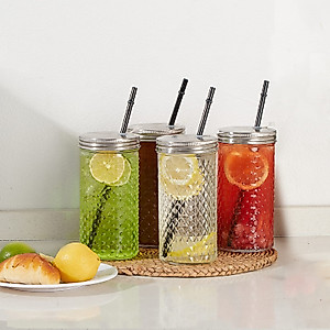 4Pack Glass Tumblers with Stainless Steel Lids and Straws, 24 OZ Wide Mouth Mason Jar Drinking Glasses for Iced Coffee/Tea, Juices and Cocktail, Travel Glass Bottles with Varitey of Patterns