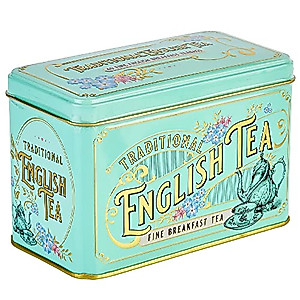 New English Teas Vintage Victorian Tea Tin with 40 English Breakfast Tea Bags, Forget Me Not Florals, Black Tea, Ceylon Tea, Mint Green British Tea Caddy