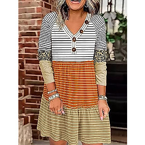 Women Casual Long Sleeve Tunic Dress Cute Button V Neck Swing Babydoll Flowy Tiered Mini Ruffles Dresses Loose Leopard Striped Color Block
