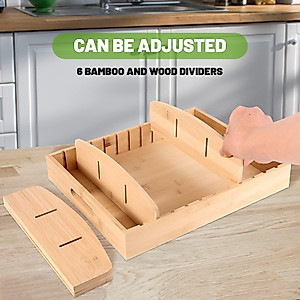 Kitchen Bamboo Lid Organizer, Cabinet Organizer for Food Storage Container Lids, Kitchen gadgets with 6 Adjustable Dividers, Lid Holder for kitchen organization