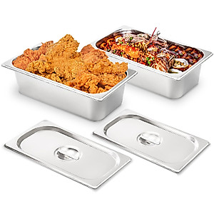 ALMOXVYE 2 Pack Steam Table Pan with Lids, 1/3 Size 4 Inch Deep Stainless Steel Hotel Pans, Anti Jam Restaurant Pans for Kitchen, Party, Restaurant, Hotel, Food Buffet Event