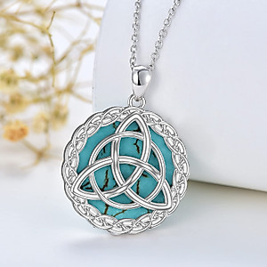 BETHZA Celtic Necklace 925 Sterling Silver Genuine Turquoise Trinity Knot Pendant Good Luck Irish Jewelry Gift for Women Christmas St. Patrick's Day