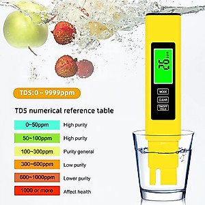 TDS Meter Digital Water Quality Tester,EC Meter & Temperature Meter 4 in 1,for Ro-Rodi System Drinking Water,Water Quality Tester 0-9990 PPM Measuring Range,1 PPM Increments（Yellow）