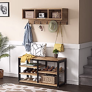 Tribesigns Coat Rack Shoe Bench Set, Hall Tree with Shoe Bench, Industrial Shoe Rack Bench with Coat Rack, 3 Storage Cubbies, 7 Hooks for Entryway, Hallway, 5-in-1Design, Vintage Oak