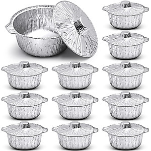 Ziliny 12 Pcs Disposable Aluminum Pot with Lid Round Foil Pans Disposable Cookware Food Container for Vacation Trips Camping Baking Heating Cooking (74.4 oz)