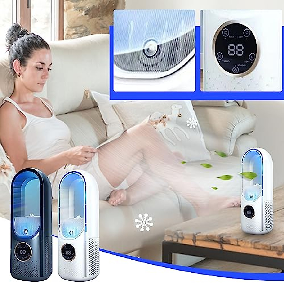 USB Leafless Fan - Portable Air Conditioner Multifunctional Timing Conditioning Fan, Household Dormitory Office Desktop Humidification Electric Fan, for Travel Camping (Blue)