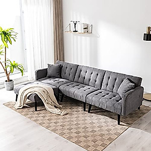 GYUTEI 100" Convertible Sectional Sofa Bed, Modern Linen 3-seat L-Shaped Couch with 3 Angle Adjustable Backrest, Upgrade Soft Cushion & Sturdy Construction for Living Room and Apartment (Dark Gray)