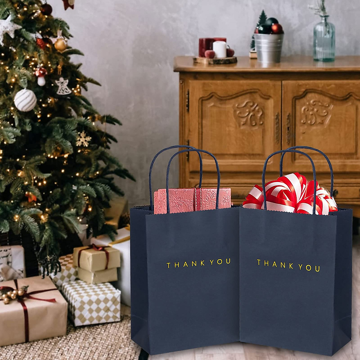 driew Thank You Gift Bags 50 Pack, 5.9 x 3.1 x 8.3'' Navy Blue Paper Bags with Handles for Retail, Wedding,Party, Shopping