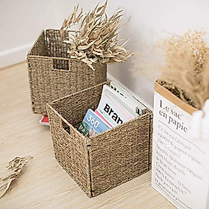 StorageWorks Rectangular Wicker Baskets for Shelves, Seagrass Hand-Woven Baskets with Linings, Medium, 10 ¼ x 10 ¼ x 10 ¾ inches, 2-Pack