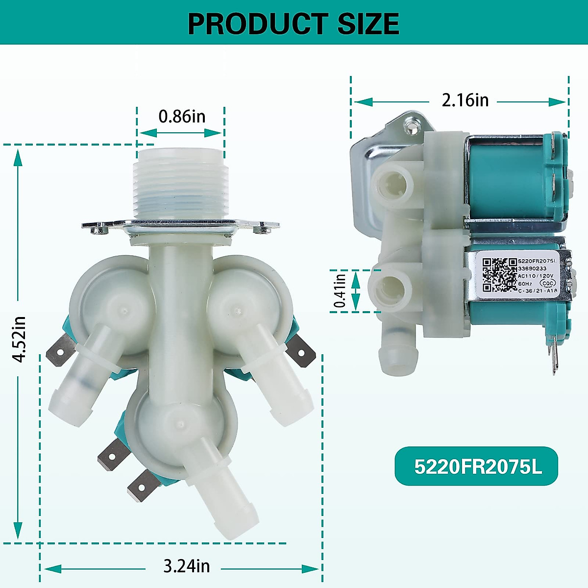 5220FR2075L Water Inlet Valve, tTSAVS Cold Water Inlet Valve Replacement for LG Kenmore Washing Machines, Replaces for 5221ER1003A AP5986564 5221ER1003C 5221ER1003D PS11728995 WM9000HWA and more.