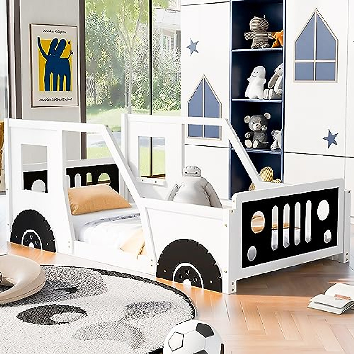 Aiuyesuo Twin Size Classic Car-Shaped Platform Bed with 2 Wheels and Headboard, Wooden Platform Bed Frame with 2 Doors and Windows for Kids Boys Girls, Wheels Shape, Space Saving (White-TK)