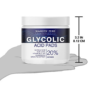 MAJESTIC PURE Glycolic Acid Pads for Face & Body - 20% Resurfacing Exfoliating Pads with Vitamin C,E,B5,AloeJuice, GreenTea & Rosemary Oil - For Skin Tone, Acne, Fine Lines & Dark Spots - Peel Pads 60